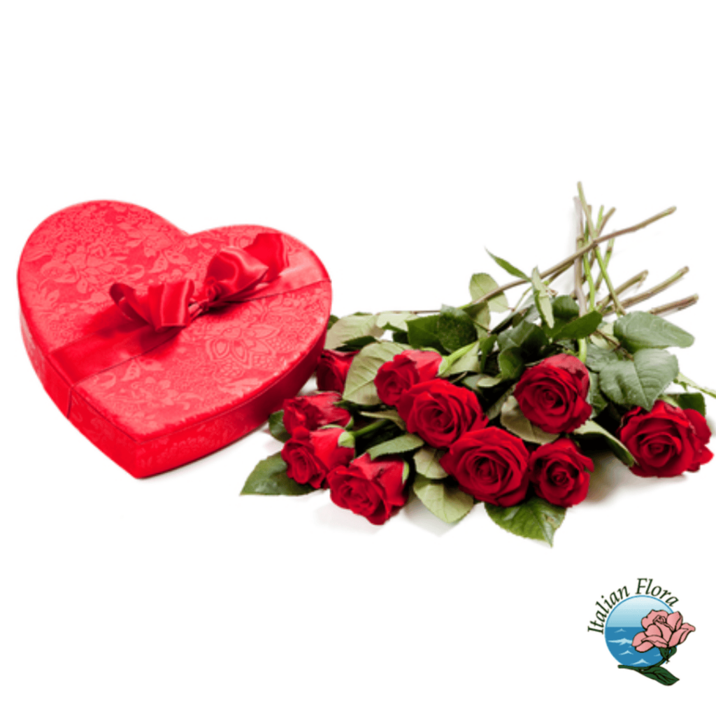 Bouquet of 9 Red Roses with Box of Chocolates - Italian Flora