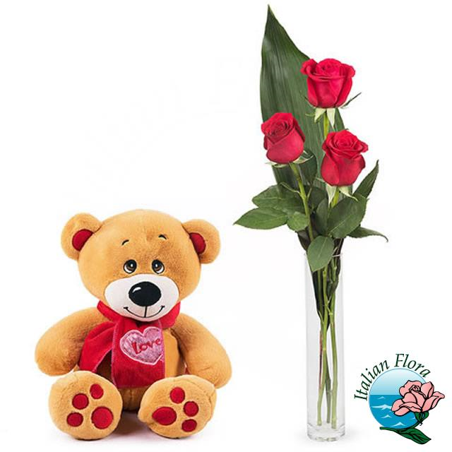 3 red roses + teddy - Italian Flora - sameday delivery