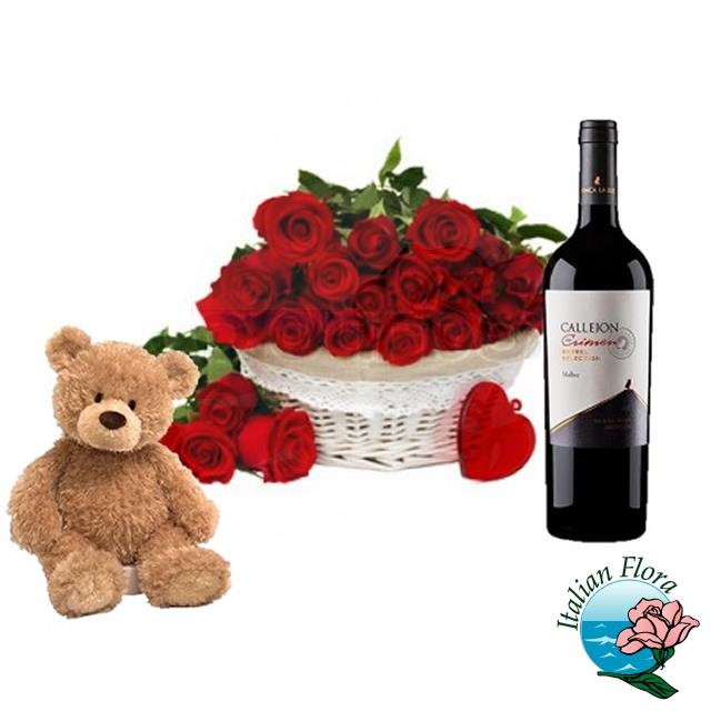 basket of 18 red roses with teddy and red wine| Italian Flora